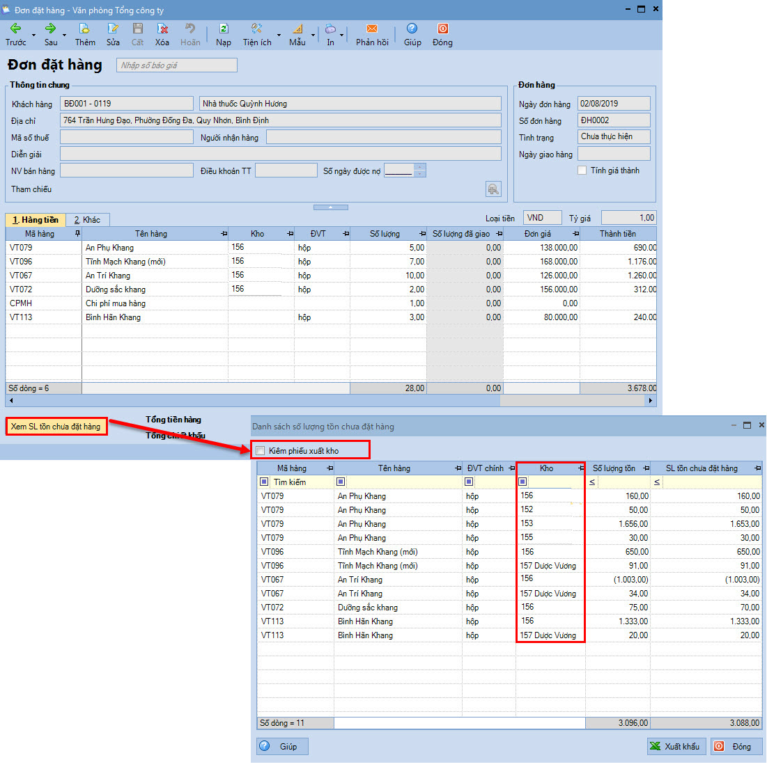 Khi lập đơn đặt hàng có thể biết được số lượng tồn chưa đặt hàng ở từng ...