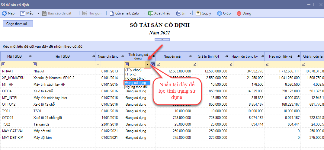 Tôi muốn Báo cáo Sổ TSCĐ không hiển thị các TSCĐ đã được ghi giảm ...